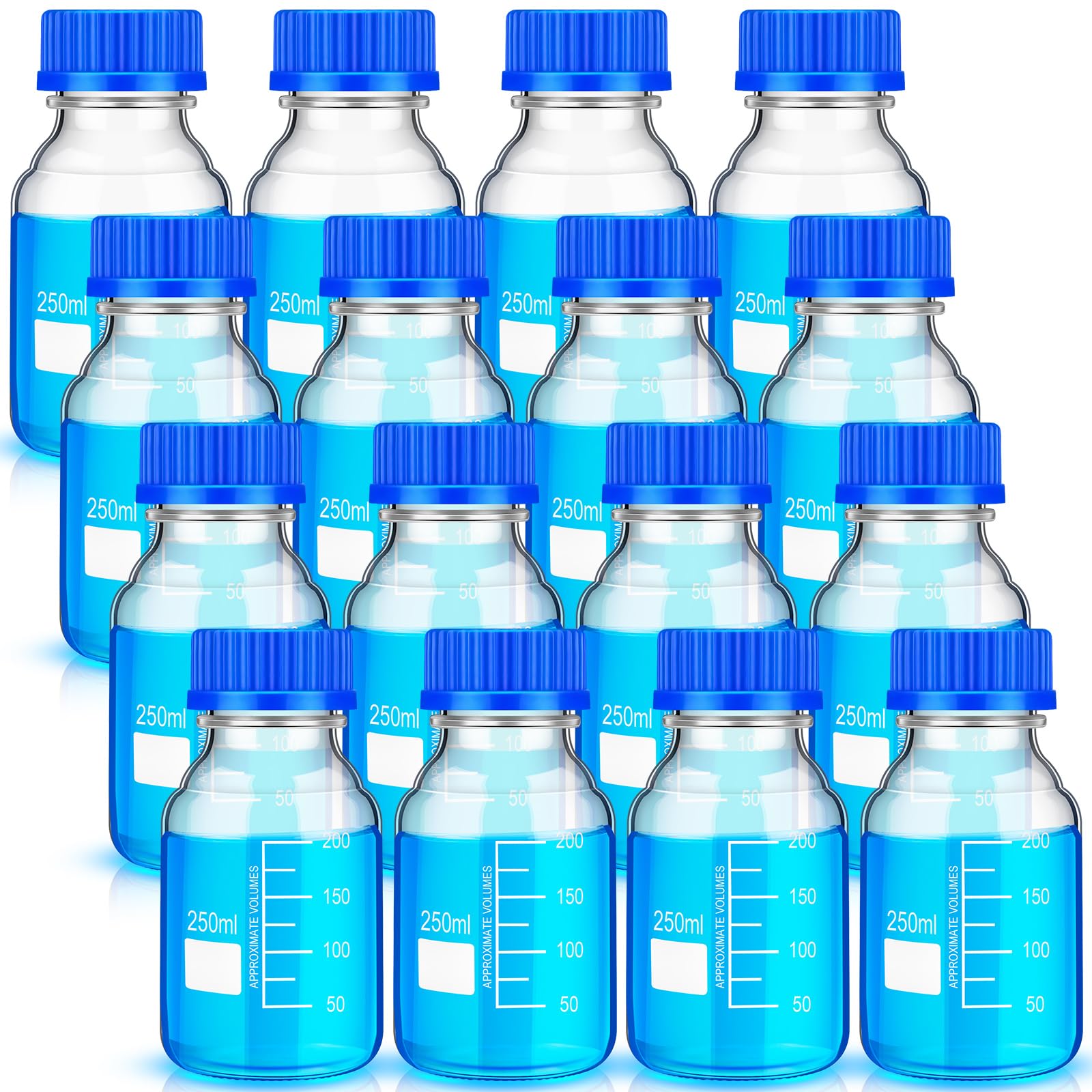 Chuarry 16 Pieces Media Storage Bottles Borosilicate Storage Glass Bottle Scientific Round Graduated Media Bottle with Blue Gl45 Screw Cap for Lab Water Reagent Liquids (250 ml)