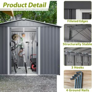 Evedy 8 x 6 FT Outside Storage Shed, Metal Outdoor Storage Sheds with Sliding Doors, Large Garden Shed Outdoor Utility Tool Shed with Pent Roof for Backyard Patio Lawn