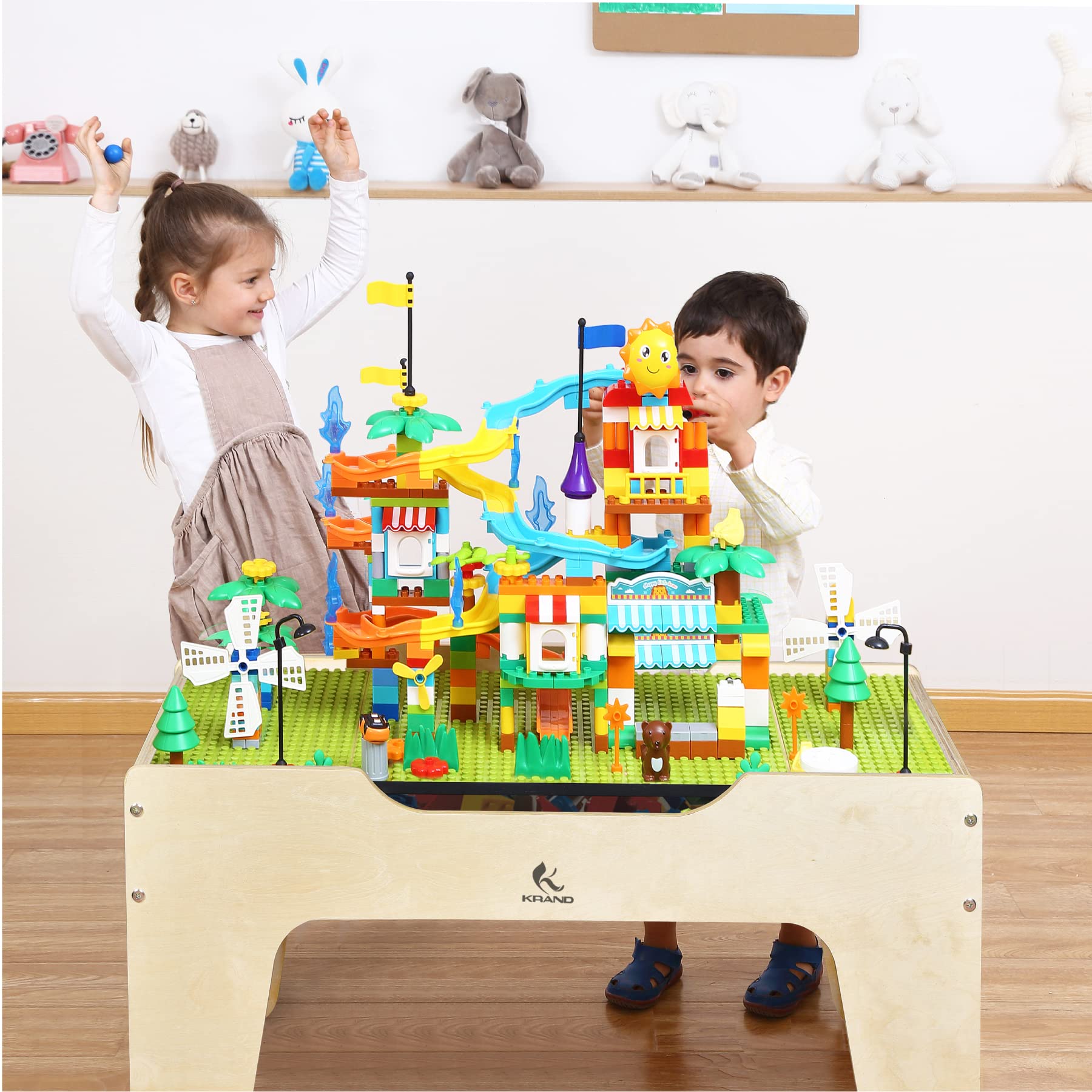 KRAND Kid's Multi-Purpose Activity Play Table with 60 Big Building Bricks and 30-Piece Wooden Train Set for Toddlers(Big-peg Baseplate Version)