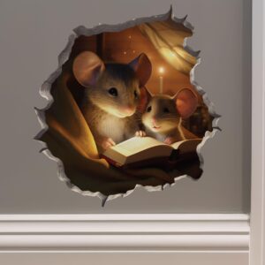 parent and child mice reading in mouse hole decal - mouse hole 3d wall sticker