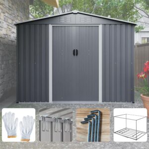 Evedy 8 x 6 FT Outside Storage Shed, Metal Outdoor Storage Sheds with Sliding Doors, Large Garden Shed Outdoor Utility Tool Shed with Pent Roof for Backyard Patio Lawn