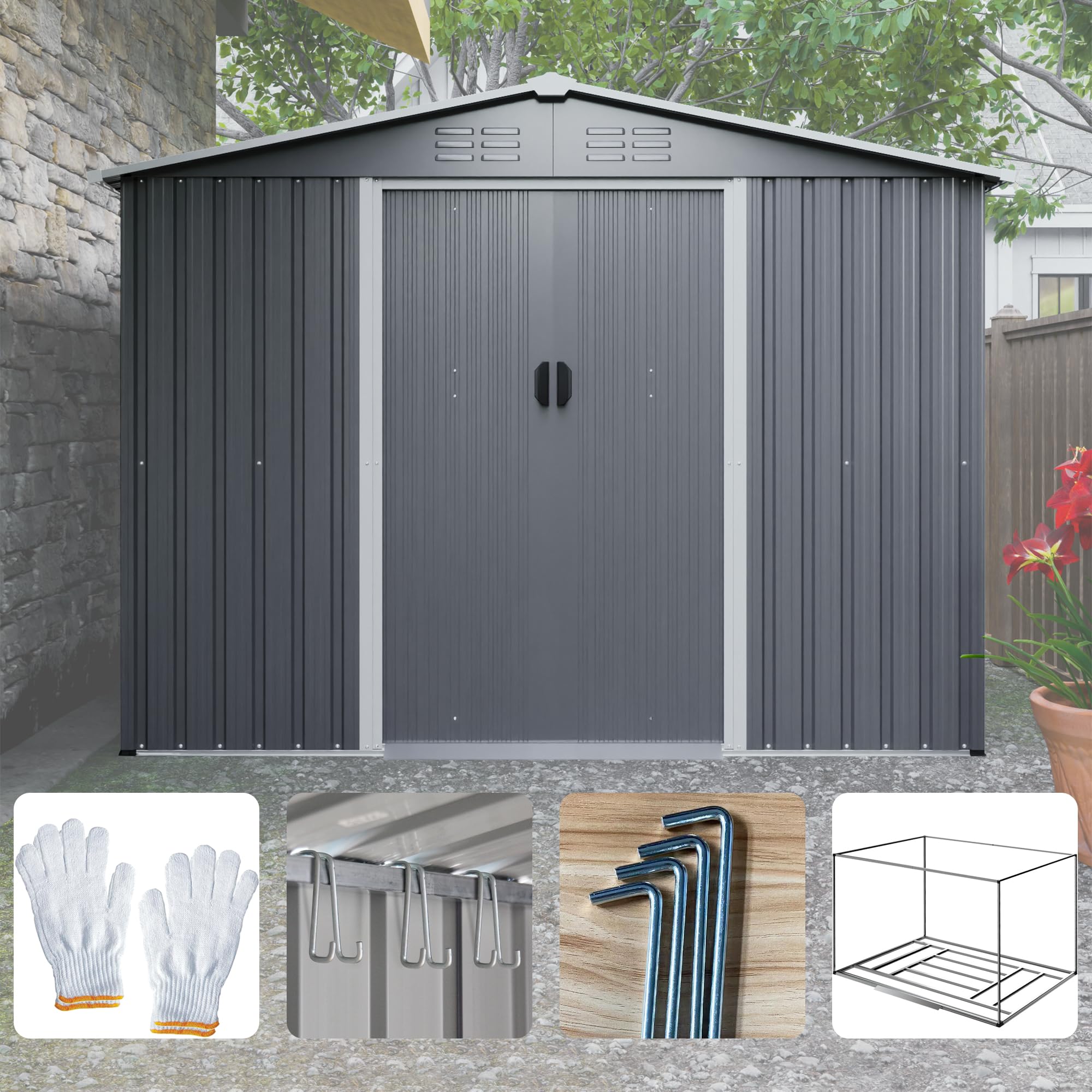 Evedy 8 x 6 FT Outside Storage Shed, Metal Outdoor Storage Sheds with Sliding Doors, Large Garden Shed Outdoor Utility Tool Shed with Pent Roof for Backyard Patio Lawn