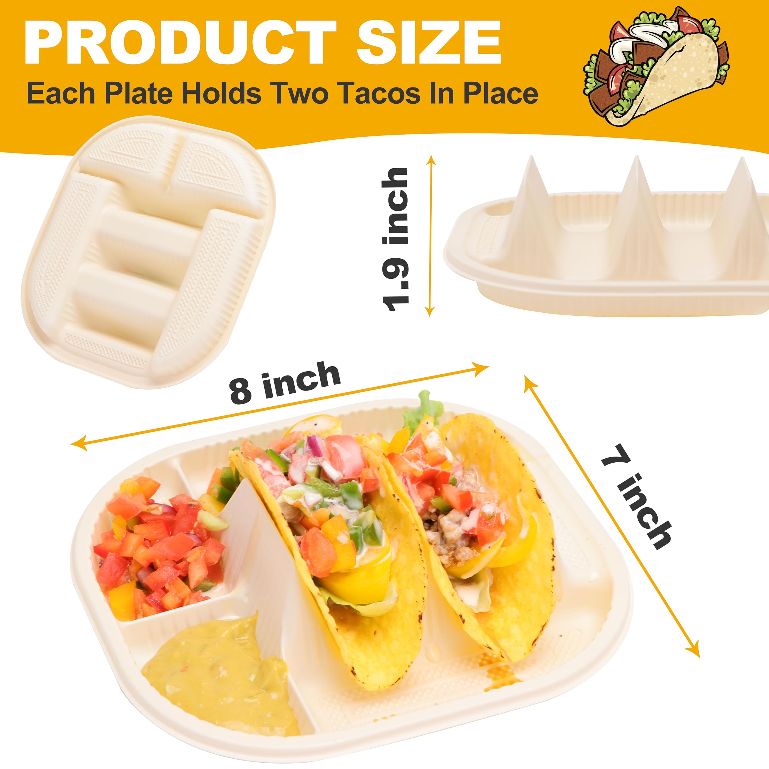 LUVCOSY 50 Pcs Small Disposable Taco Plates for Party, Cornstarch Taco Holders with 2 Dipping Areas, Hold for 2 Tacos, Square Fiesta Taco Trays for Taco Night, Microwave Safe