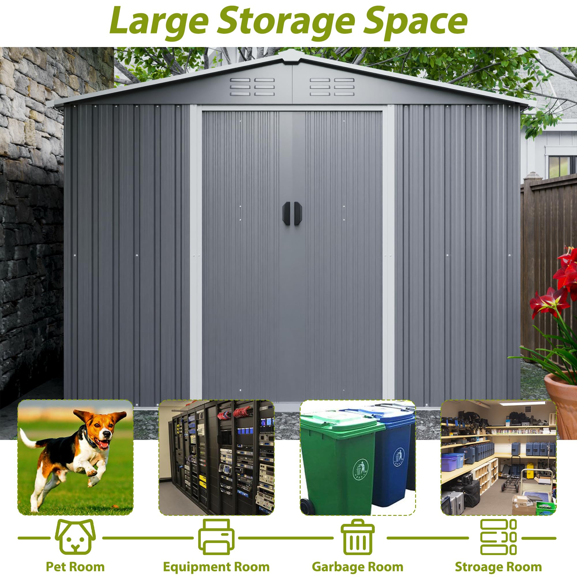 Evedy 8 x 6 FT Outside Storage Shed, Metal Outdoor Storage Sheds with Sliding Doors, Large Garden Shed Outdoor Utility Tool Shed with Pent Roof for Backyard Patio Lawn