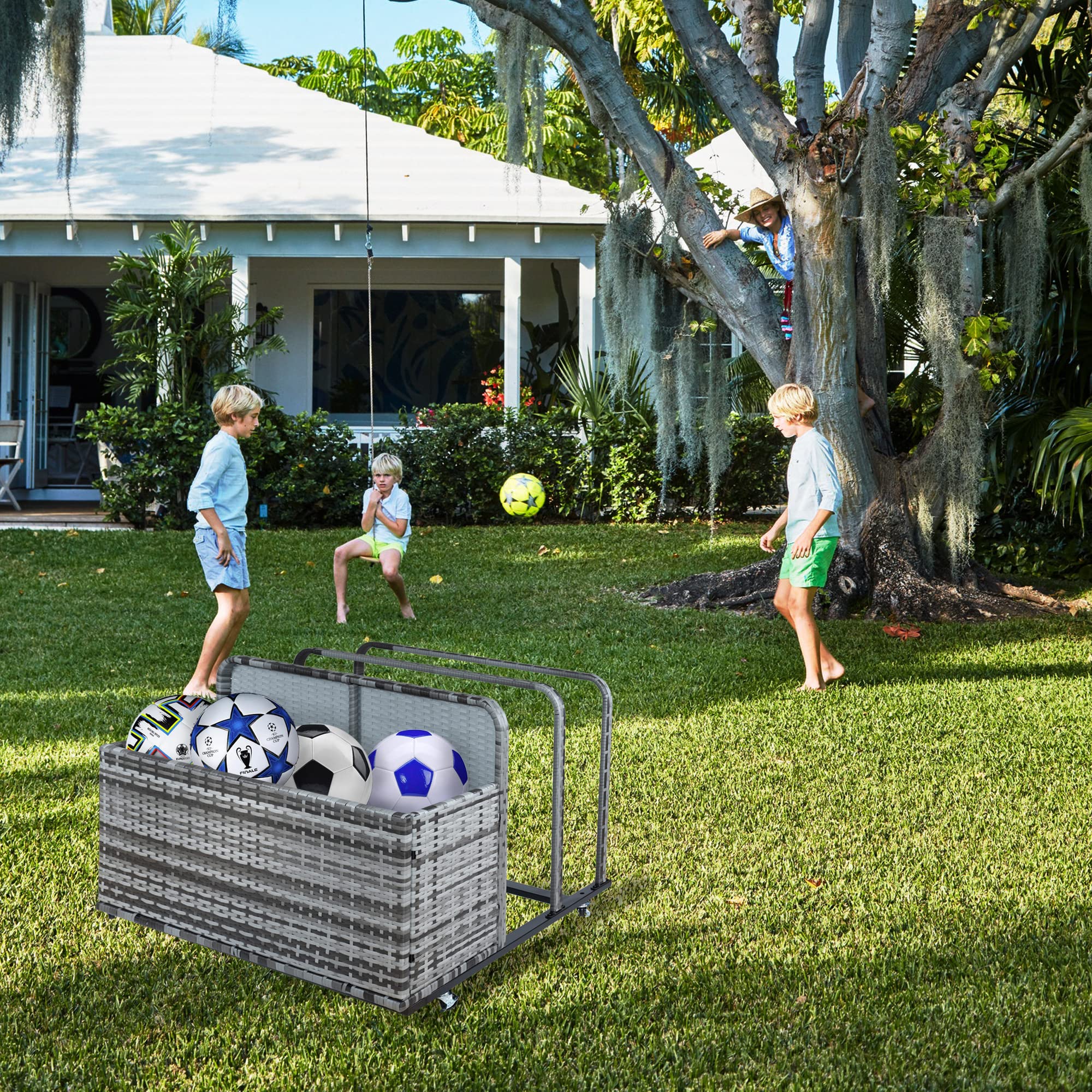 GAOMON Double Layer Poolside Float Storage,Outdoor Storage,Patio PE Rattan Outdoor Pool Caddy with Rolling Wheels for Floaties,Storage Basket,Poolside Float Storage,Beach-Sturdy & Movable,Grey