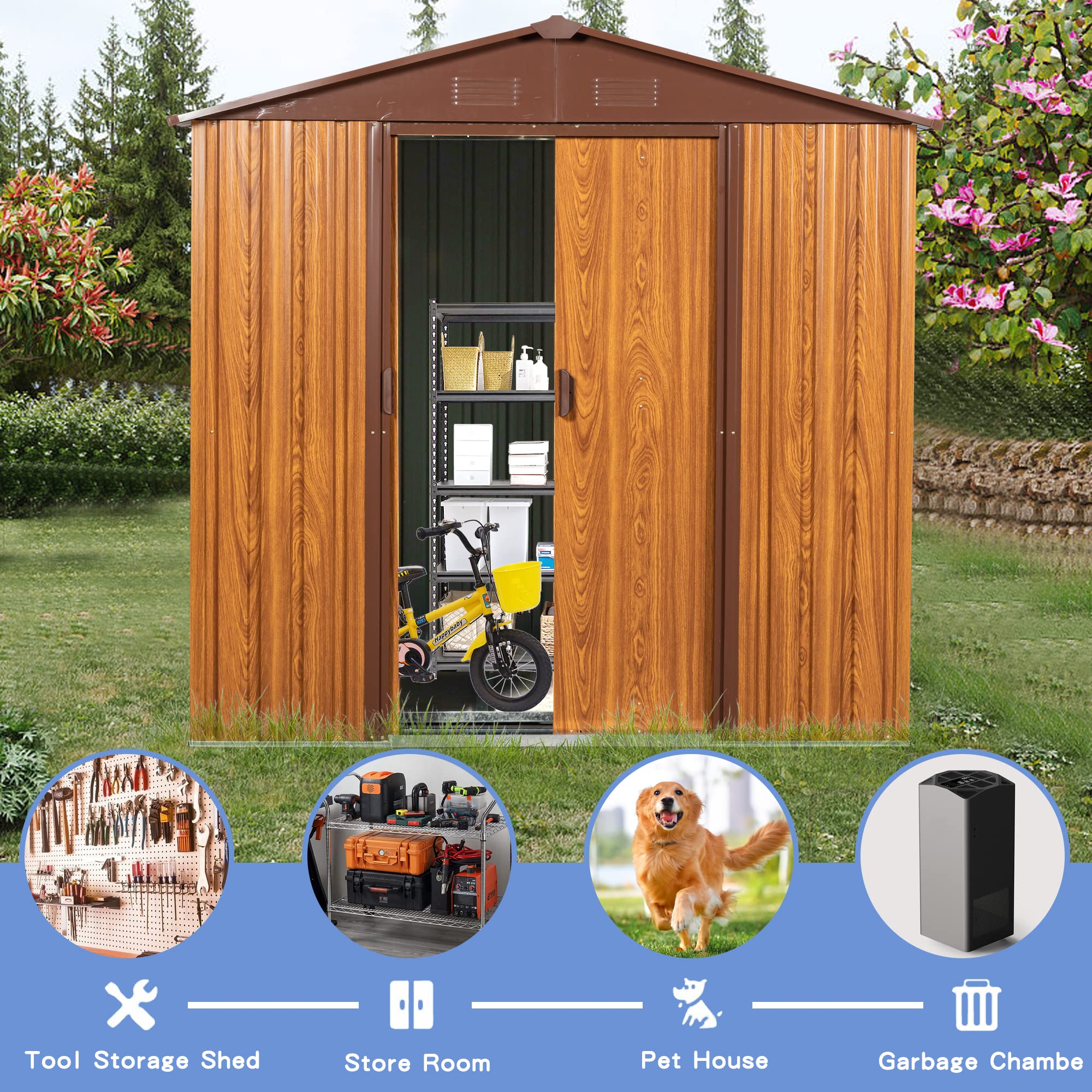 RITSU 6ft x 6ft Outdoor Metal Storage Shed with Metal Floor Base,Metal Storage Cabinet with Sliding Doors, Large Garden Shed Outdoor Utility Tool Shed with Pent Roof for Backyard Lawn, Coffee