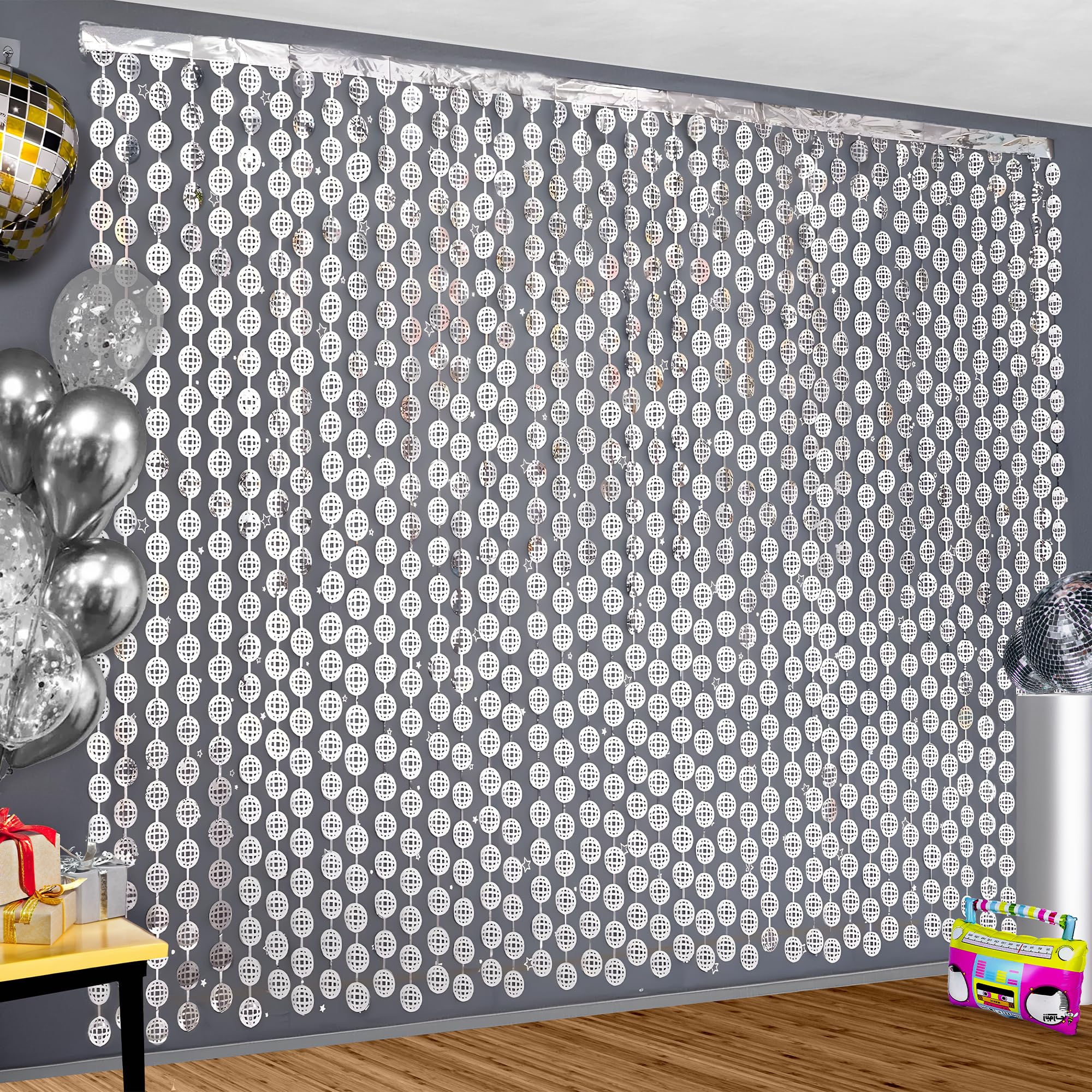 KatchOn, Silver Disco Ball Curtain - XtraLarge, 6.5 Feet, Pack of 2 | Happy New Year Backdrop | Disco Ball Backdrop | Silver Foil Fringe Curtain, Disco Party Decorations | Happy New Year Decorations