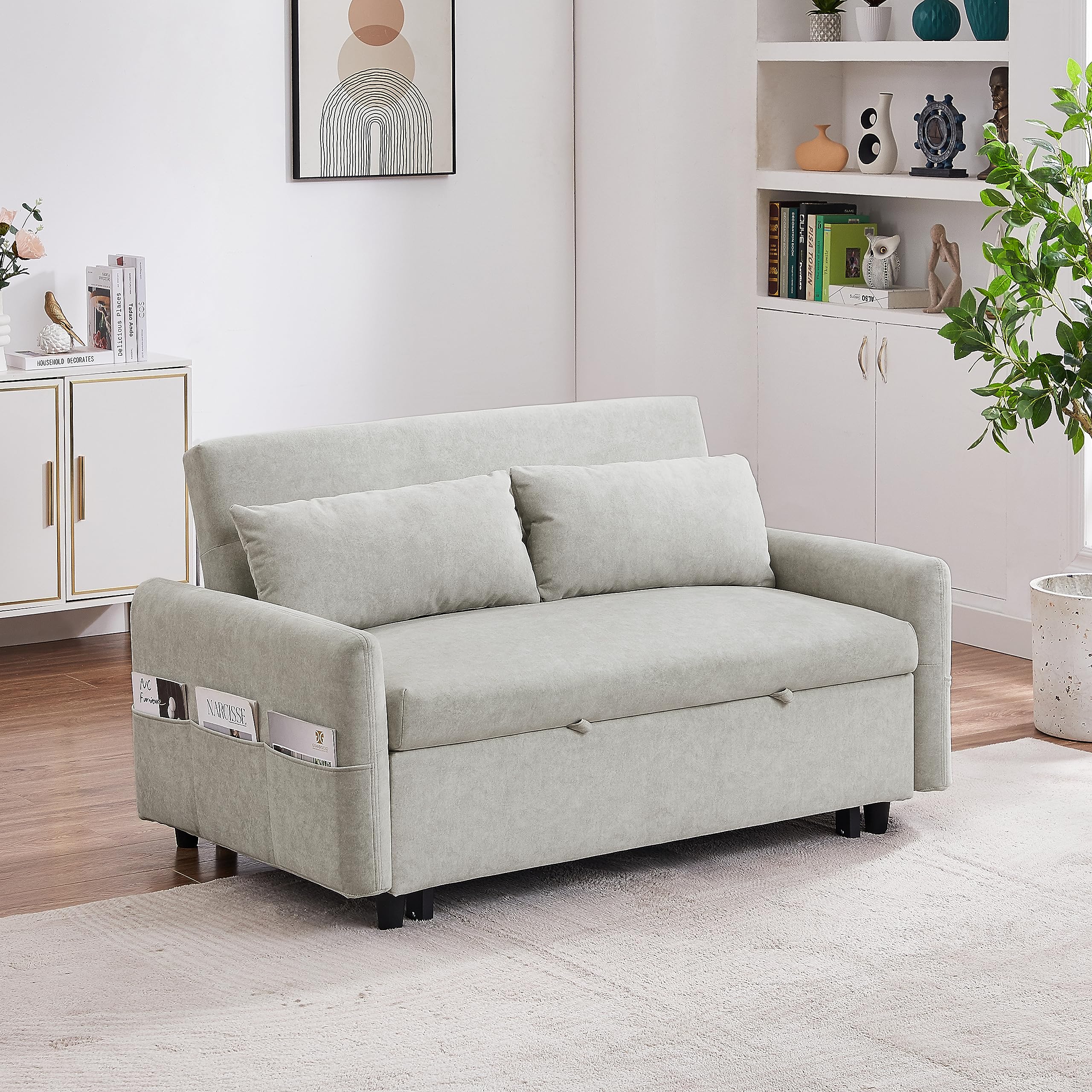 HABITRIO Modern 55.1" Pull Out Sleep Sofa Bed 2 Seater Loveseats Sofa Couch with Adjsutable Backrest,Multifunctional Small Sofa Bed with 2 Pillows for Apartment Office Living Room