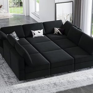 Belffin Modular Sectional Sofa with Ottomans Velvet Reversible Sleeper Chaise Bed Storage Seat Black