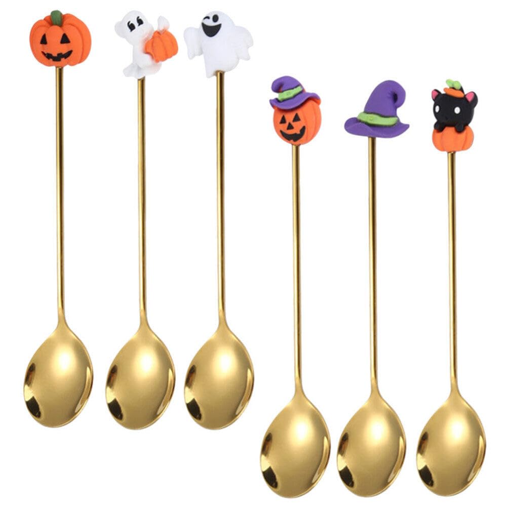 Spoons 6PCS Halloween Coffee Spoons, Stainless Steel Spoons Dessert Spoons Teaspoons for Home Kitchen Party (Golden) Serving Utensils