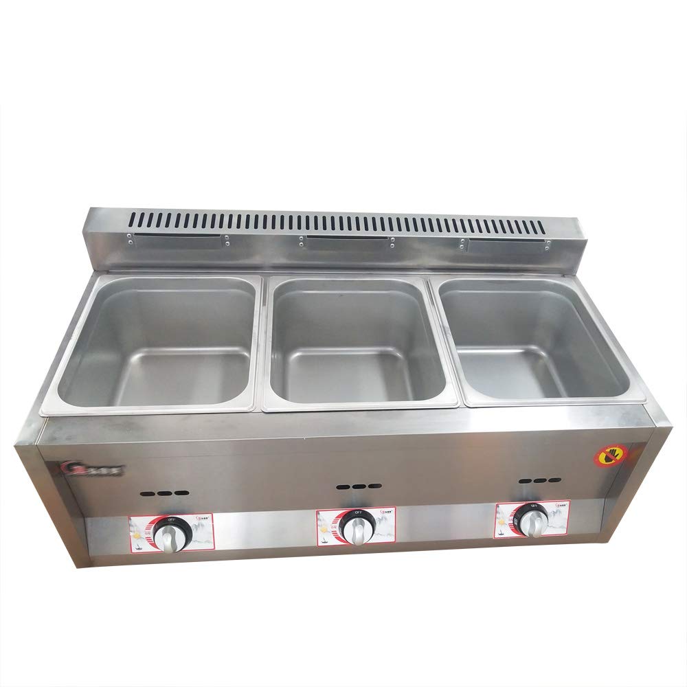 Food Warmer, 3-Pan 18L Gas Food Warmer Commercial Countertop Deep Gas Fryer Propane LPG Stainless Steel Buffet Steam Table Warmer with Lids for Catering Restaurants Home Party