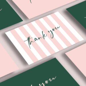 AZAZA Thank You Cards with Envelopes Striped 24 Pcs, Pink Thank You Cards Bulk Baby Shower Girl, Wedding Thank You Cards Green and Pink, Blank Thank You Notes for Bridal Shower