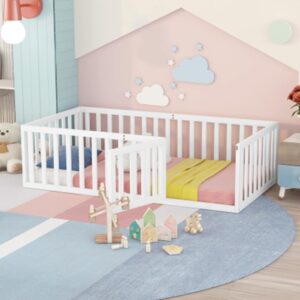 p purlove twin size floor bed frame for kids, wood montessori floor beds with fence rail for boys girls,(white,twin bed