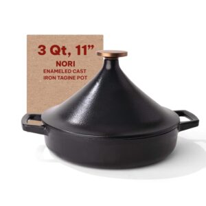 alva nori enameled cast iron tagine pot scratch resistant non toxic cone lid bronze knob 11" pfas, pfoa & pfte free, cooking pot, cast iron cookware, oven safe, durable enamel coating