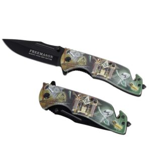 trendy zone 21 folding masonic pocket knife, 5.00 inch stainless steel pocket knife with freemason printed|various masonic symbols printed in 3-d on the handle with metal clip, safety belt cutter