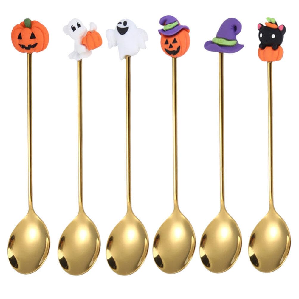 Spoons 6PCS Halloween Coffee Spoons, Stainless Steel Spoons Dessert Spoons Teaspoons for Home Kitchen Party (Golden) Serving Utensils