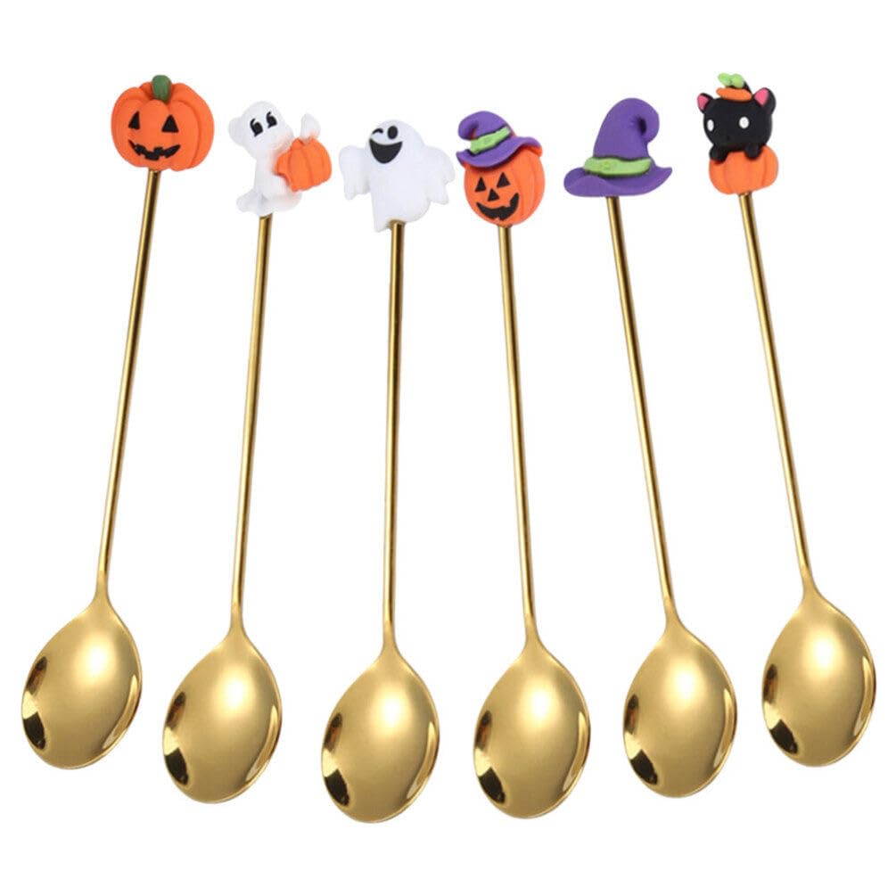 Spoons 6PCS Halloween Coffee Spoons, Stainless Steel Spoons Dessert Spoons Teaspoons for Home Kitchen Party (Golden) Serving Utensils