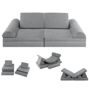 costzon kids play couch sofa, large modular folding sofa building fort playset with handle, machine-washable cover, convertible foam cushion for playroom bedroom boys girls gifts (8-piece, gray)