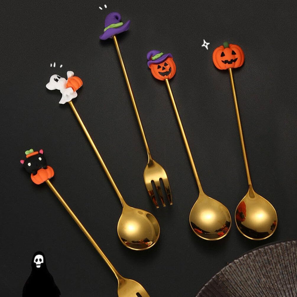 Spoons 6PCS Halloween Coffee Spoons, Stainless Steel Spoons Dessert Spoons Teaspoons for Home Kitchen Party (Golden) Serving Utensils