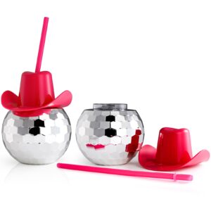 Noamus 6 Packs Disco Ball Cup Pink Straw, 22oz Flash Ball Party Cups with Cowboy Hat Lid, 70s Silver Glitter Cocktail Spherical Glass, Wine Drinking Syrup Tea Bottle for Bar Nightclub Supply Halloween