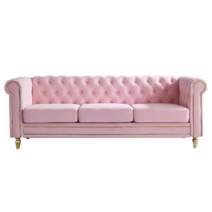 homtique 84" modern sofa couch for living room, 3 seater couch comfy velvet sofa button tufted rolled arms and gold legs, chesterfield sofa for home studio/office, bedroom, pink