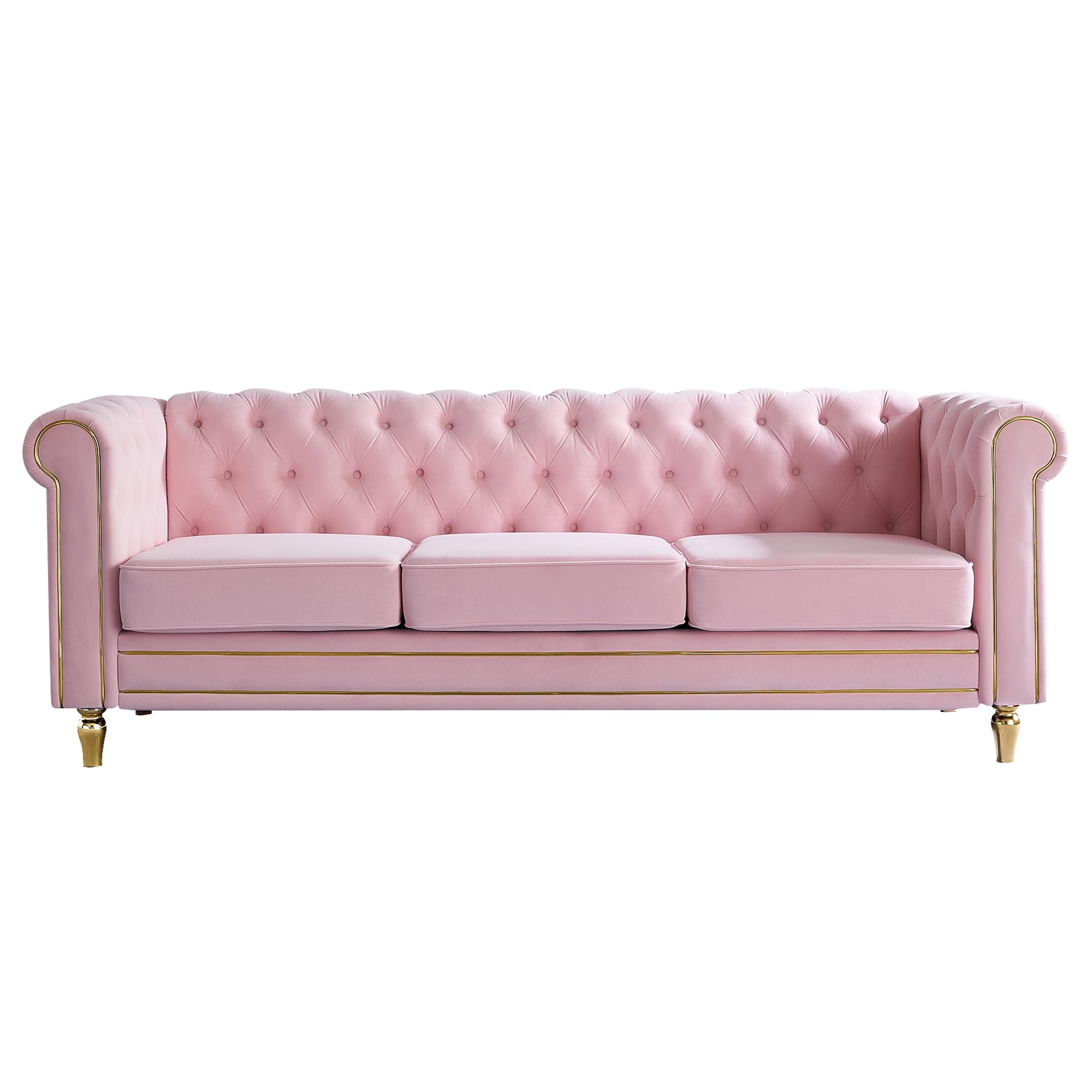 Homtique 84" Modern Sofa Couch for Living Room, 3 Seater Couch Comfy Velvet Sofa Button Tufted Rolled Arms and Gold Legs, Chesterfield Sofa for Home Studio/Office, Bedroom, Pink