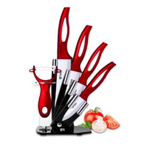 kitchen knife set, 6 pieces ceramics knife set with block, professional chef knife set with acrylic stand, sharp nonstick cooking knife set with nonslip handle for home family restaurant (red)