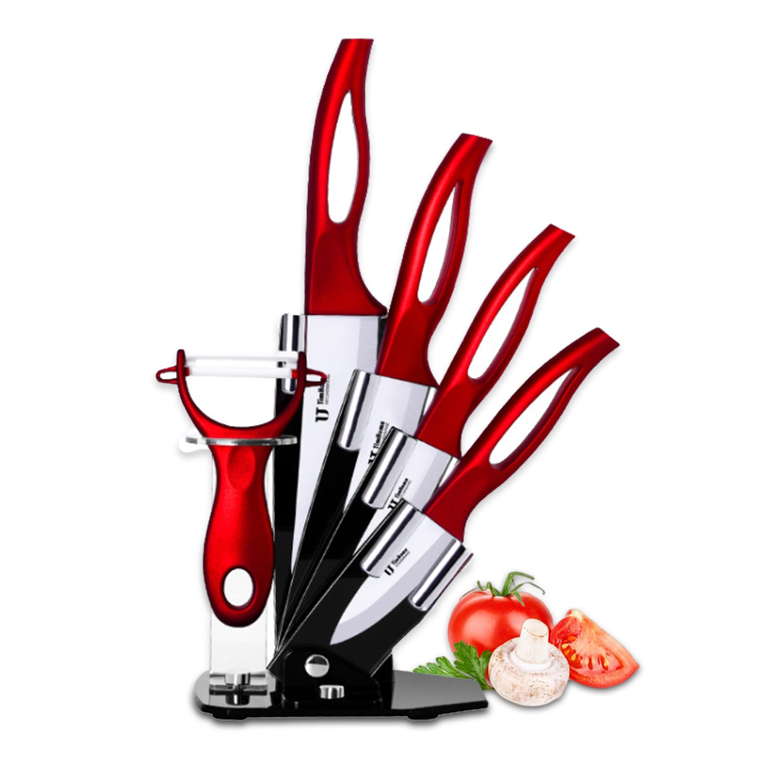 Kitchen Knife Set, 6 Pieces Ceramics Knife Set with Block, Professional Chef Knife Set with Acrylic Stand, Sharp Nonstick Cooking Knife Set with Nonslip handle for Home Family Restaurant (Red)