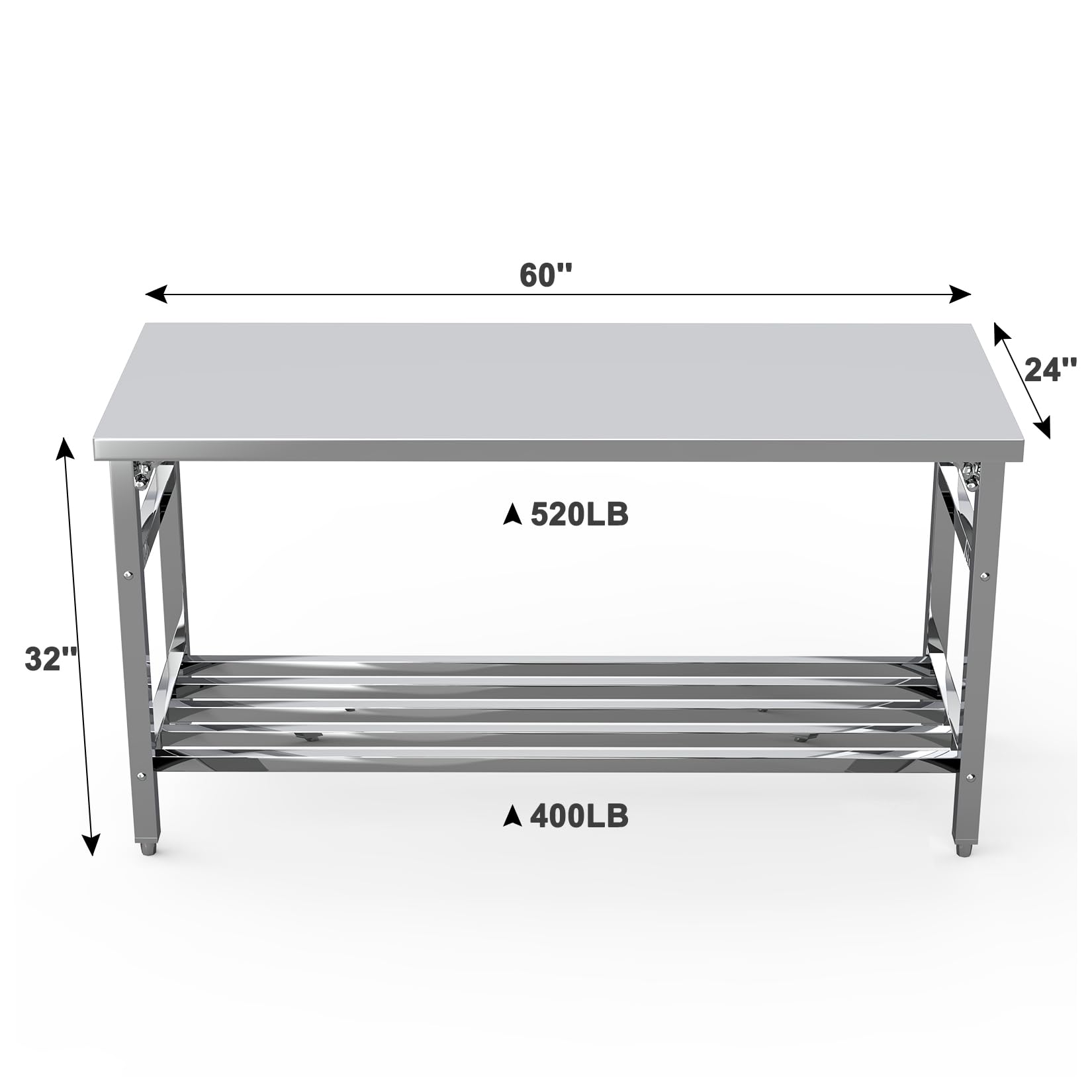 Stainless Steel Kitchen Work Table, 60 x 24 in Metal Commercial Food Prep Work Bench with Adjustable Shelf, Stainless Steel Folding Island Table for Kitchen, Restaurant, No Assembly