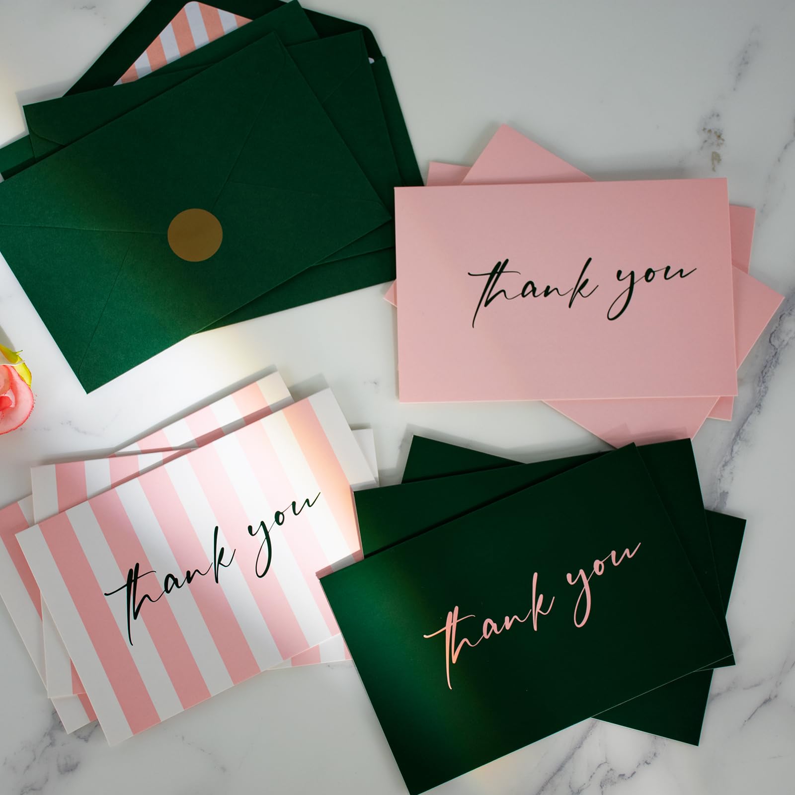 AZAZA Thank You Cards with Envelopes Striped 24 Pcs, Pink Thank You Cards Bulk Baby Shower Girl, Wedding Thank You Cards Green and Pink, Blank Thank You Notes for Bridal Shower