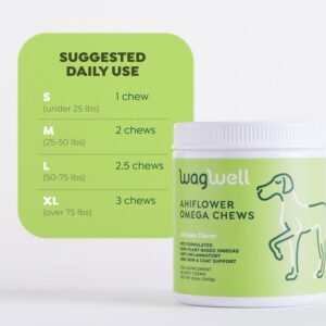 WagWell Ahiflower Omega Oil Dog Chews - Vet-Formulated Skin, Coat, Hip and Joint Chews for Dogs - Plant-Based Omega 3, 6 and 9 Supplement - Natural Chicken-Flavored Dog Omega Oil Bites, 60 Soft Chews