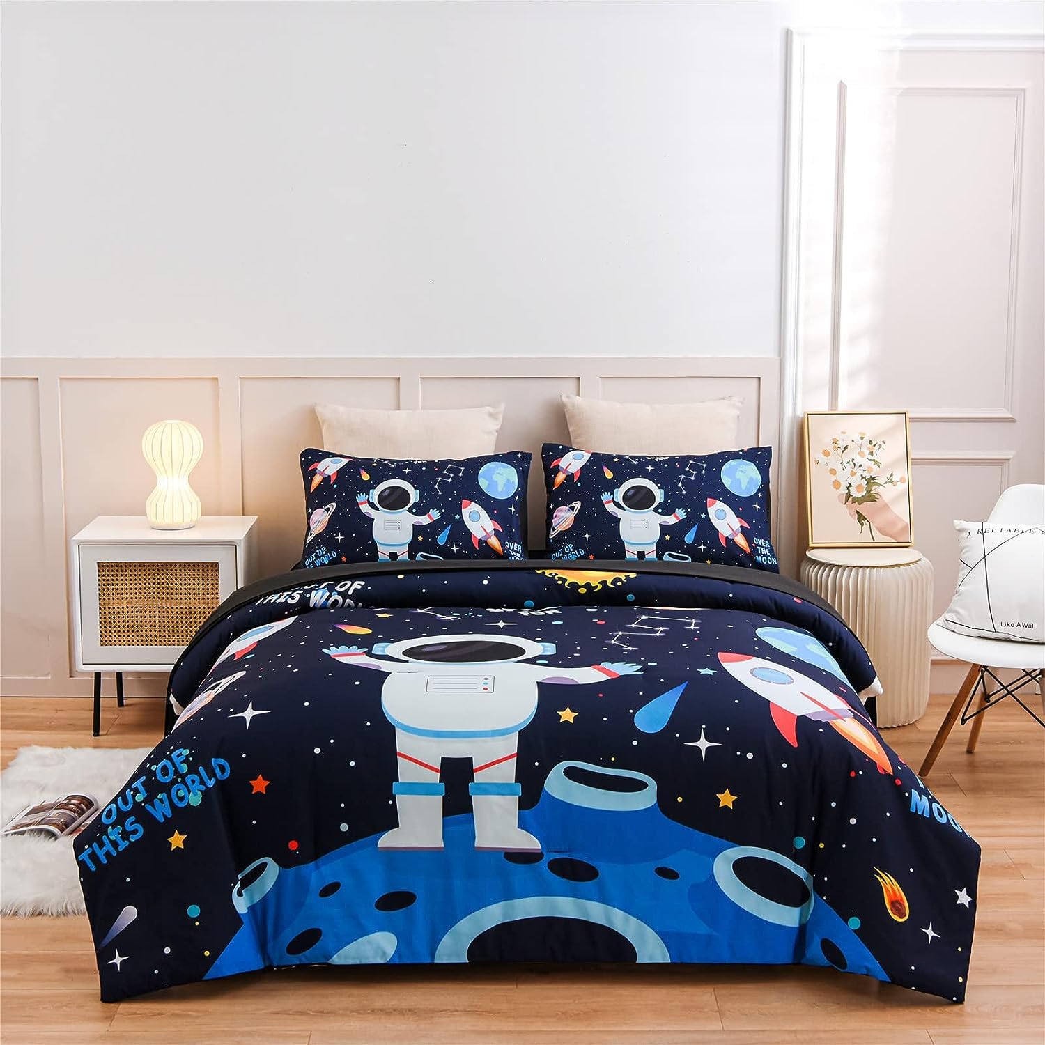 Meeting Story 5Pieces Universe Space Themed Comforter Set Planet Astronaut Rocket Galaxy Printed Pattern Quilt Bedding Set for Kids Girls Boys Children Room Decor (Black,Twin 5pcs)