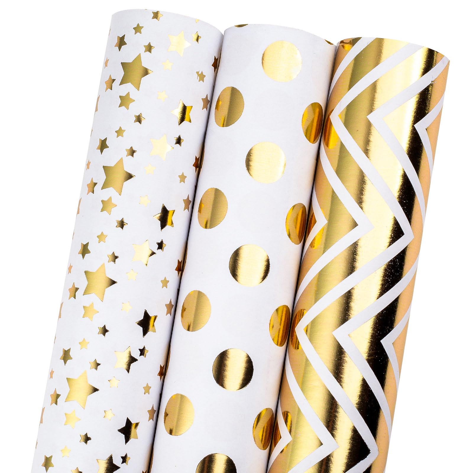 Homeral Christmas Wrapping Paper Roll - White and Gold Foil Polka Dot, Star, Wave Luxury Metallic Shine Gift Wrap Paper for Christmas, Birthday, Wedding - 3 Rolls - 17 x 120 Inch Per Roll