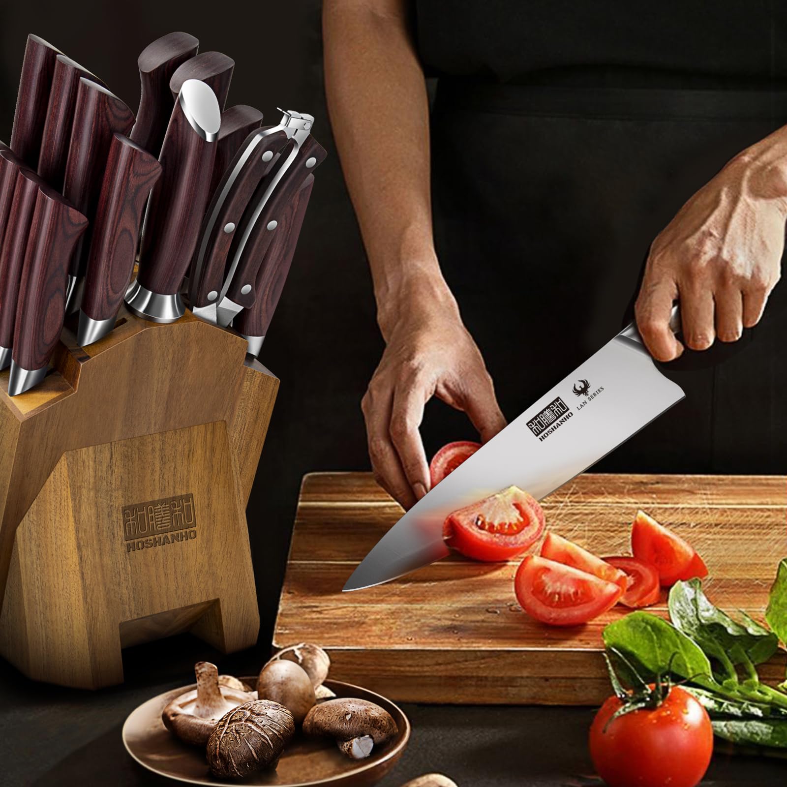 HOSHANHO Kitchen Knife Set with Block 18-Piece, Super Sharp German High Carbon Stainless Steel Chef Knife Set, Professional Cutlery Knife Set with Sharpener