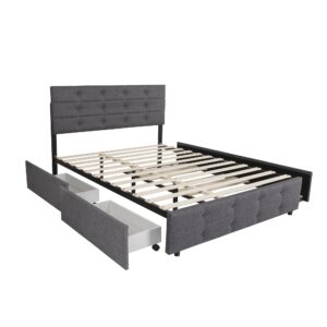 WII UWILL Platform Queen Bed Frame with 2 Storage Drawers and a Twin Size Trundle,Upholstered Bed with Tufted Headboard,Suitable for Kids/Teen/Adults,No Box Spring Needed, Easy Assembly