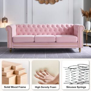 Homtique 84" Modern Sofa Couch for Living Room, 3 Seater Couch Comfy Velvet Sofa Button Tufted Rolled Arms and Gold Legs, Chesterfield Sofa for Home Studio/Office, Bedroom, Pink