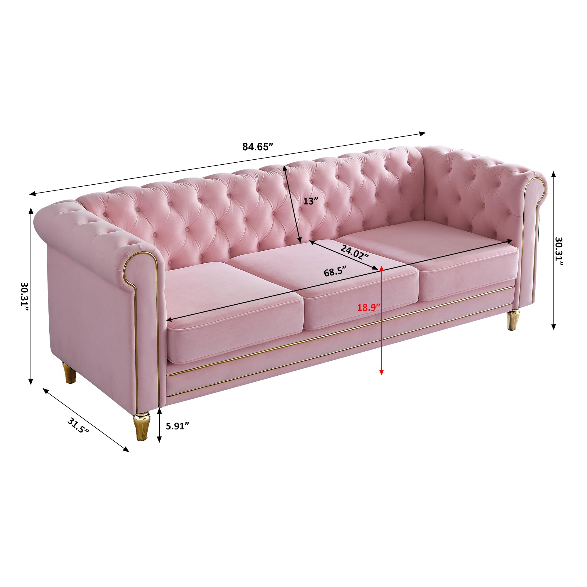 Homtique 84" Modern Sofa Couch for Living Room, 3 Seater Couch Comfy Velvet Sofa Button Tufted Rolled Arms and Gold Legs, Chesterfield Sofa for Home Studio/Office, Bedroom, Pink