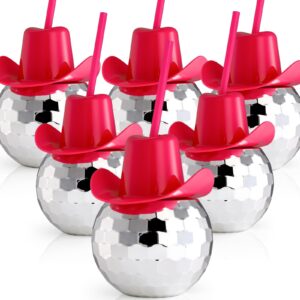 noamus 6 packs disco ball cup pink straw, 22oz flash ball party cups with cowboy hat lid, 70s silver glitter cocktail spherical glass, wine drinking syrup tea bottle for bar nightclub supply halloween