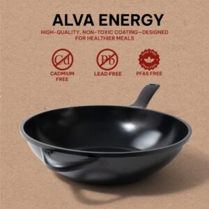 Alva Energy Nonstick Carbon Steel Wok Pan Skillet Non Toxic Pre-Seasoned 12" PFAS, PFOA & PFTE Free, for Cooking Pan Set, Induction Safe, Add to Your Woks and Stir Fry Set Cookware