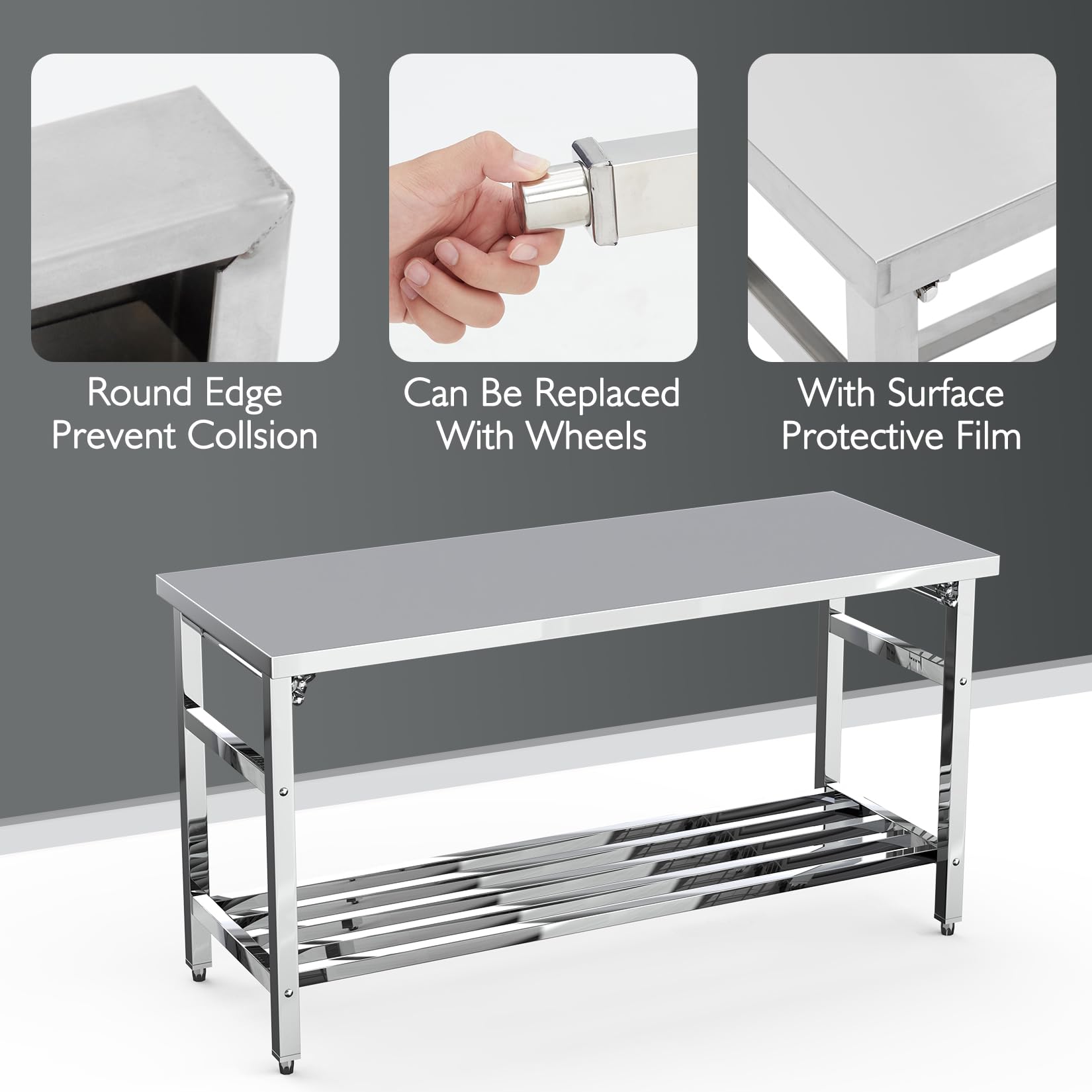 Stainless Steel Kitchen Work Table, 60 x 24 in Metal Commercial Food Prep Work Bench with Adjustable Shelf, Stainless Steel Folding Island Table for Kitchen, Restaurant, No Assembly