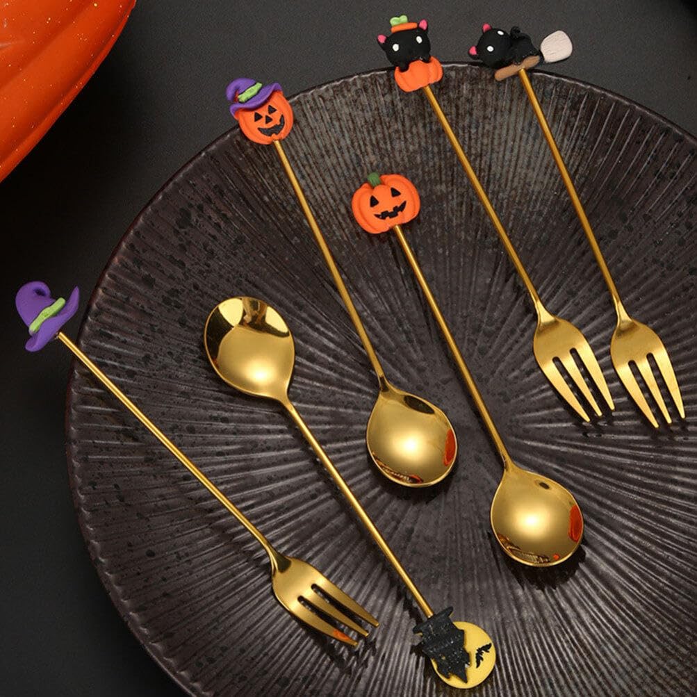 Spoons 6PCS Halloween Coffee Spoons, Stainless Steel Spoons Dessert Spoons Teaspoons for Home Kitchen Party (Golden) Serving Utensils