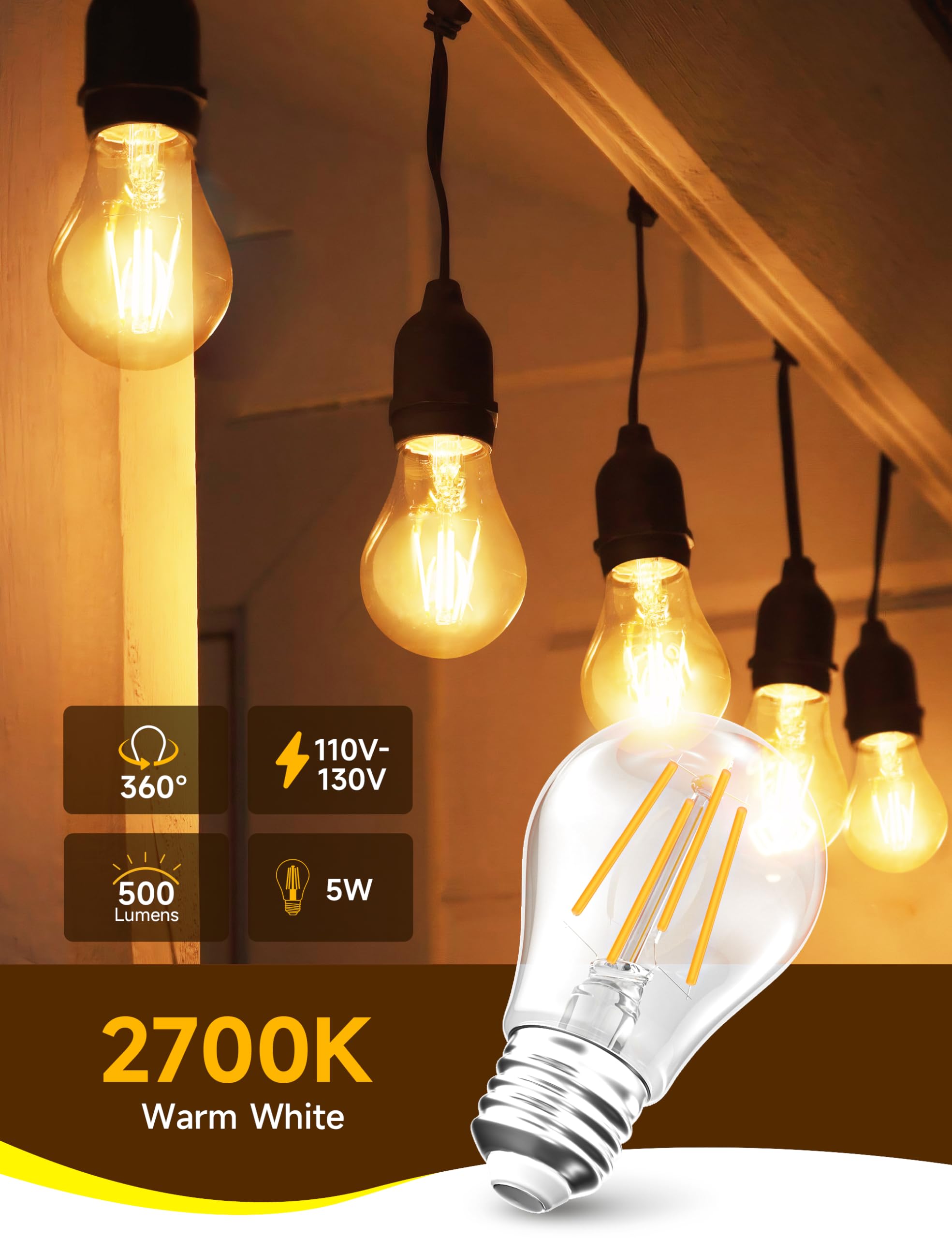 UNILAMP A15 Dimmable LED Light Bulbs, E26 Edison Light Bulb 40 Watt Equivalent, 5W LED Filament Light Bulb, Warm White 2700K, 500LM Ceiling Fan Light Bulbs for Vintage Appliance Bulb, 4 Pack