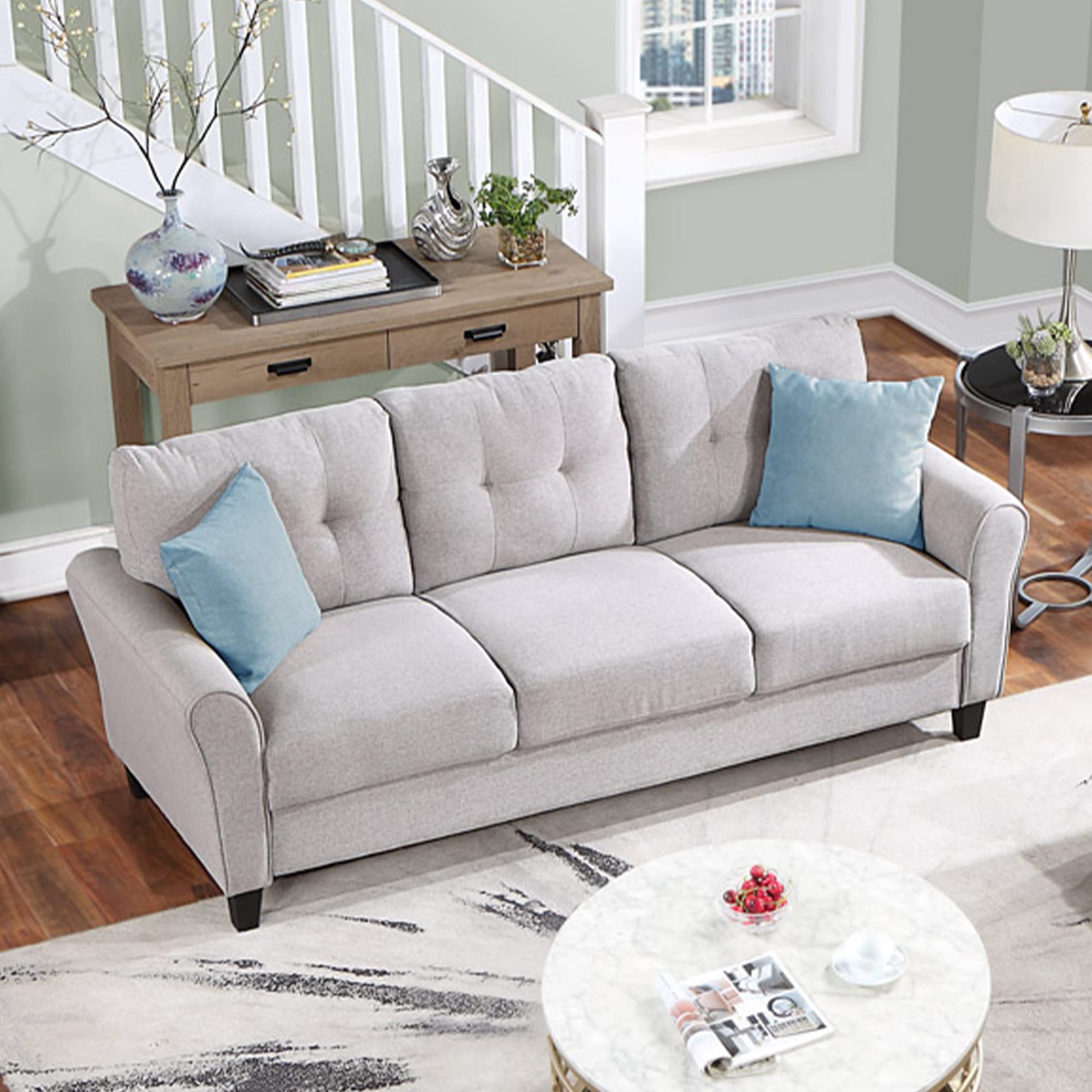 Harper & Bright Designs 79.9" Modern Style Button Tufted Linen Upholstered 3-seat Sofa, Three Seat Sofa Couch, Living Room Sofa for Home or Office, Light Gray