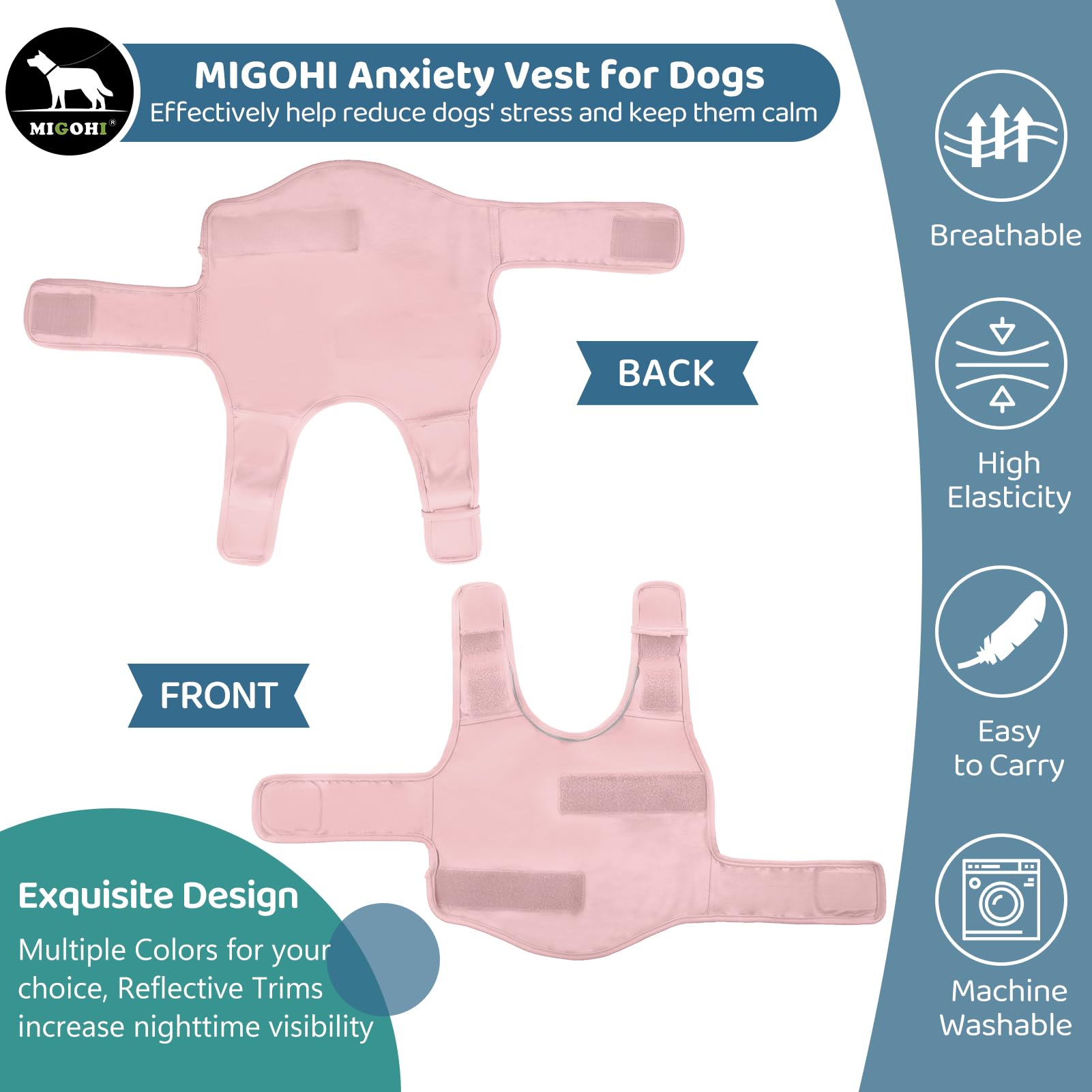 MIGOHI Dog Anxiety Vest, Adjustable Dog Calming Vest with Reflective Trims, Breathable Anti-Anxiety Shirt Dog Anxiety Relief Jacket Wrap, Dog Safety Vest for Thunderstorm Travel Fireworks Pink XS