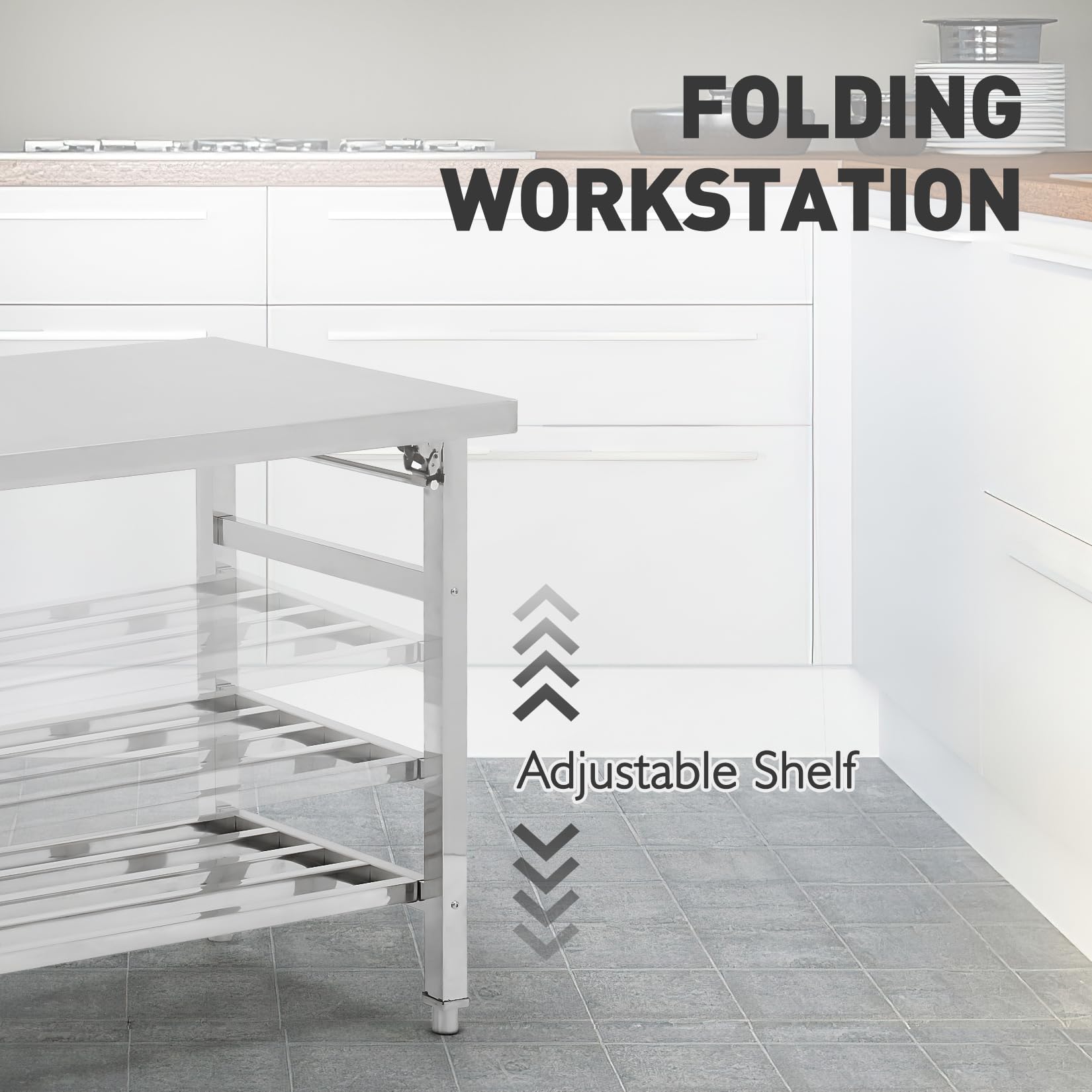 Stainless Steel Kitchen Work Table, 60 x 24 in Metal Commercial Food Prep Work Bench with Adjustable Shelf, Stainless Steel Folding Island Table for Kitchen, Restaurant, No Assembly