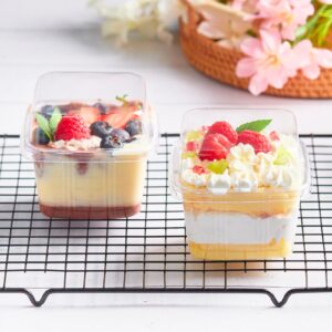 Kucoele 50 Pack 8 oz Plastic Dessert Cups with Lids and Sporks, Clear Square Cake Cups Dessert Containers for Pudding Parfait Fruit Yogurt and Shortcake