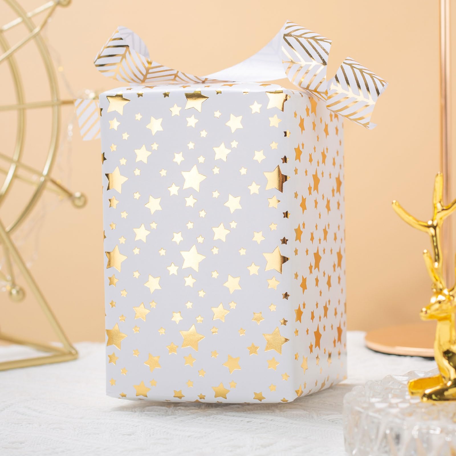 Homeral Christmas Wrapping Paper Roll - White and Gold Foil Polka Dot, Star, Wave Luxury Metallic Shine Gift Wrap Paper for Christmas, Birthday, Wedding - 3 Rolls - 17 x 120 Inch Per Roll