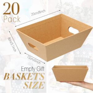 Fulmoon 20 Pcs Baskets for Gifts Empty Kraft Gift Basket Kit with 20 Pull Bows 20 Clear Gift Bags Raffia Empty Gift Basket for Birthday Wedding Christmas Valentines (Brown Basket, Gold Bow, Classic)