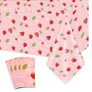 ayearparty 4 pack strawberry tablecloth sweet one birthday table cover berry first birthday decorations plastic strawberry theme party decor party supplies for girls baby shower 108 x 54 in