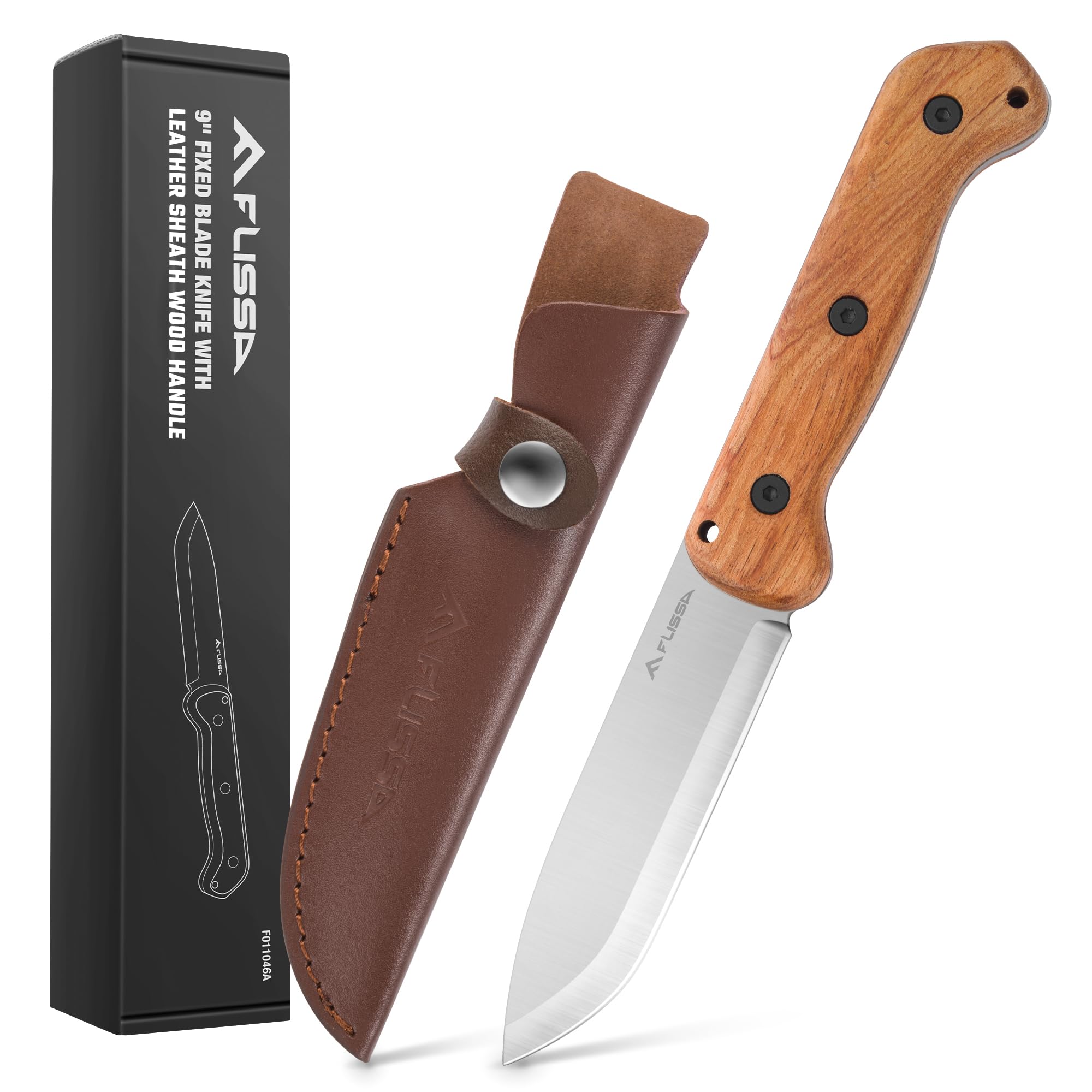 FLISSA 9" Fixed Blade Knife, D2 Steel Hunting Knife for Camping, Outdoor, Bushcraft and Survival, Wood Handle, Leather Sheath Included, Gifts for Husband, Father, Friend